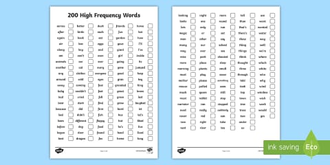 First 100 High Frequency Words Assessment Checklist