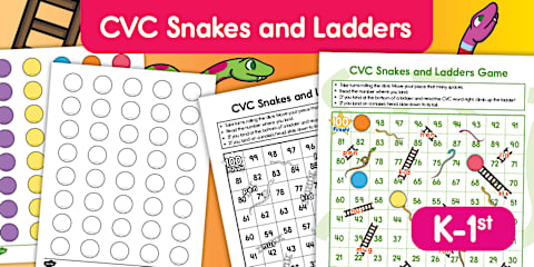 CVC Snakes and Ladders Game (1-20) for K-2nd Grade