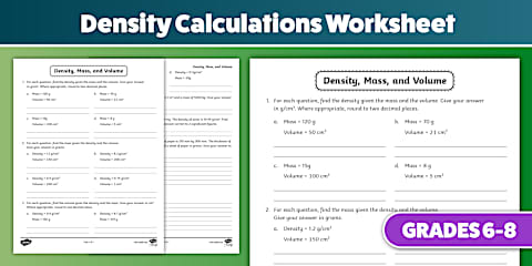 Mass, Volume, and Density Calculations Worksheet for 6th-8th Grade