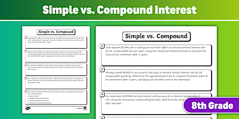 Eighth Grade Calculating Simple and Compound Interest Worksheet
