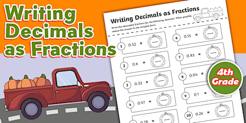 Fourth Grade Fraction and Decimal Winter Matching Worksheet