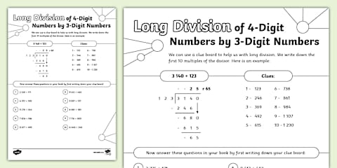 Long Division for 4-Digit Numbers by a 1-Digit Number - Activity Sheet