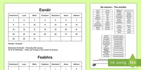 Day and Month A4 Display Poster as Gaeilge