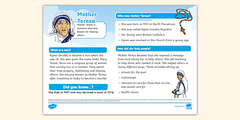 Mother Teresa Reading Comprehension Activity