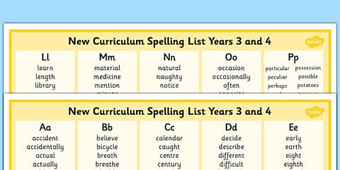 2014 Curriculum Spelling List Years 3 and 4 Word Cards