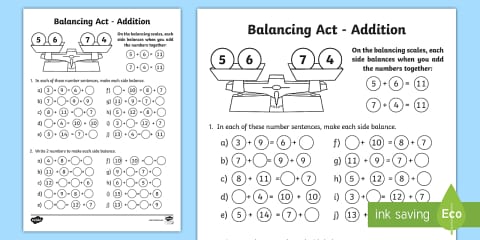 Balancing Equations Addition and Subtraction within 20 Worksheets