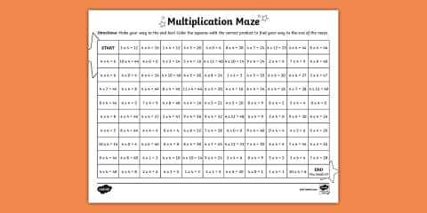 Math Multiplication Maze x 3 Worksheet for 3rd-5th Grade