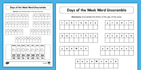 Kindergarten Days of the Week Math Worksheet