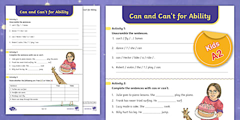 ESL 'Can' and 'Can't' for Ability Activity Sheet [Kids, A1-A2]