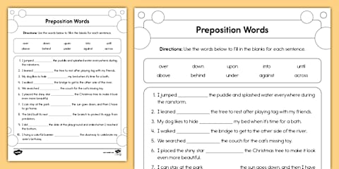 Fifth Grade Preposition Poem Worksheet