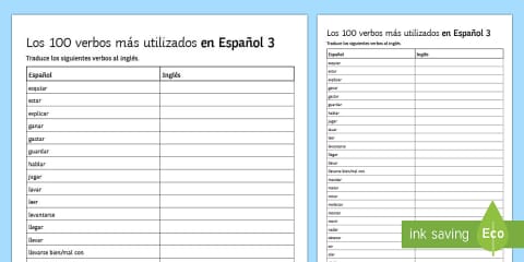 100 High Frequency Verbs 2 Worksheet Spanish