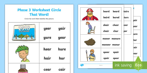 ear, air, ure and er Sorting Cards Activity