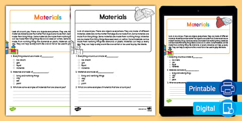 First Grade Properties of Materials Reading Passage Comprehension Worksheet