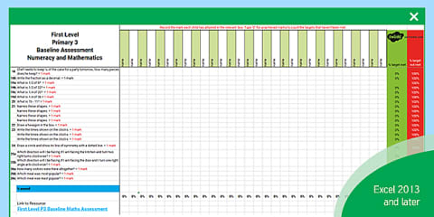 First Level (P4) Baseline Maths Analysis Assessment Spreadsheet