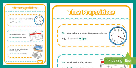 ESL Prepositions of Time: In, On and At - Activity Sheet [Kids, A1]