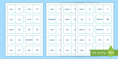 Spanish Numbers 1-20 Loop Cards