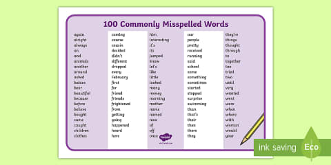 100 Commonly Misspelled Words Mat