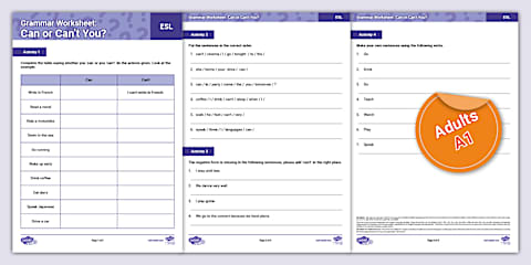 ESL 'Can' and 'Can't' for Ability Activity Sheet [Kids, A1-A2]