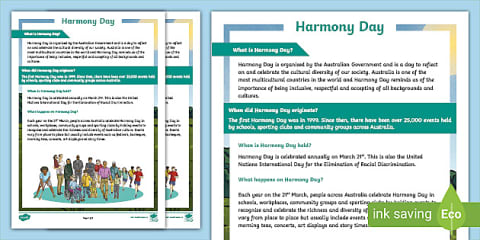 Harmony Day Differentiated Reading Comprehension Activity