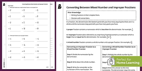 Converting Mixed Numbers and Improper Fractions Maths Worksheet