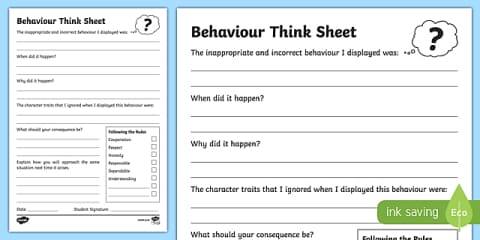 Behaviour Reflection Activity - Think Sheet