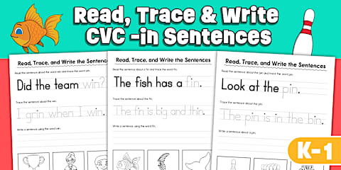 Read, Trace, and Write CVC -at Word Family Worksheets for K-1st Grade