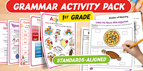 First Grade Label the Nouns With Adjectives Cut and Paste Worksheet
