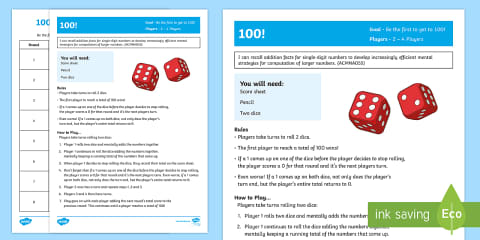 100 Days of School Games | Race to 100 Dice Activity | F-2
