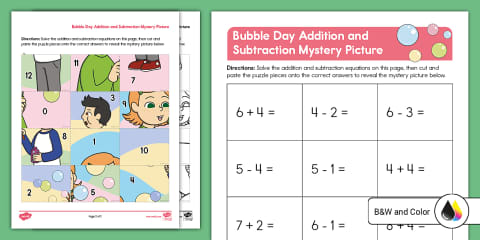Milk and Cookies Addition to 20 Cut and Paste Worksheet for 1st-2nd Grade