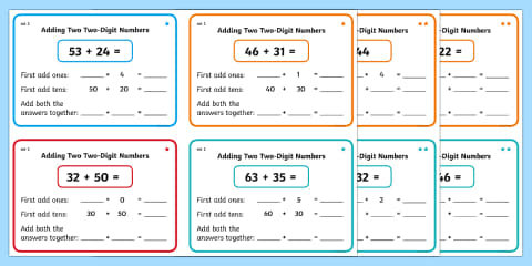 Add Two Two-Digit Numbers Crossing 10 KS1 Maths Challenge Cards