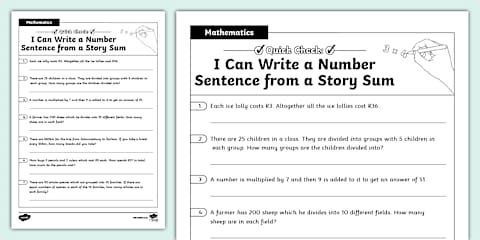 Writing Number Sentences from Stories Activity Sheet