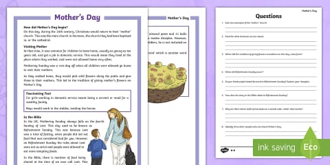 LKS2 Mother's Day Reading Comprehension Activity