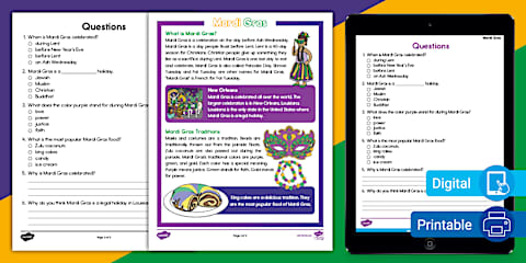 Mardi Gras Information Cards for 3rd-5th Grade