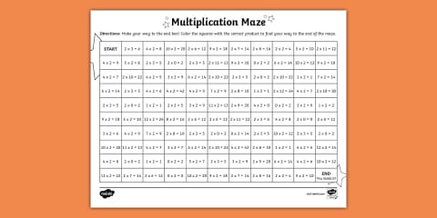 Math Multiplication Maze x 4 Worksheet for 3rd-5th Grade