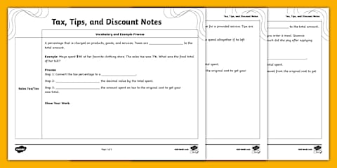 Seventh Grade Tax, Tips, and Discount Worksheet