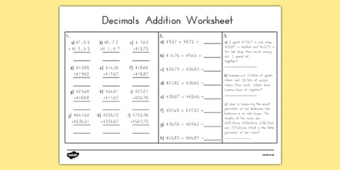 Adding Money: Decimals Worksheet