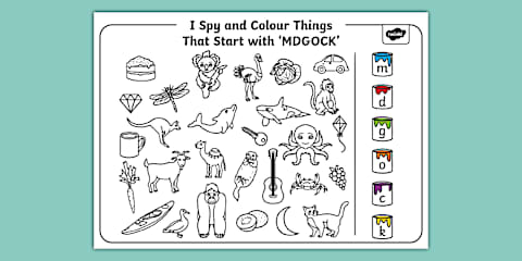 I Spy and Colour Things That Start with 'SATPIN' Colouring Page