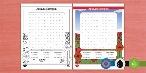 Remembrance Day Adjectives, Verbs, and Nouns Worksheet French