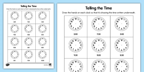 Telling Time on the Hour, Half Hour, and Quarter Hour Worksheet for 1st ...