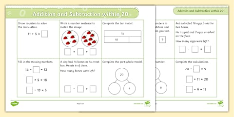 Speedy Calculations Number Facts within 20 Activity Sheet