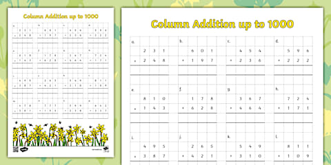 Spring-Themed 3-Digit Addition Beyond 1000 on Squared Paper