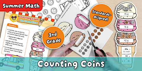Second Grade Ice Cream Money Sort Practice Cut and Paste Worksheet