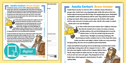 First Grade Amelia Earhart Reading Comprehension Worksheet
