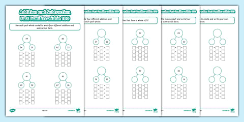Addition and Subtraction Fact Family Part Whole Model Worksheet