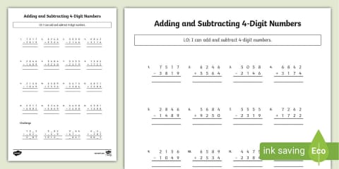 Adding and Subtracting 4-Digit Numbers with No Exchanging or Carrying ...