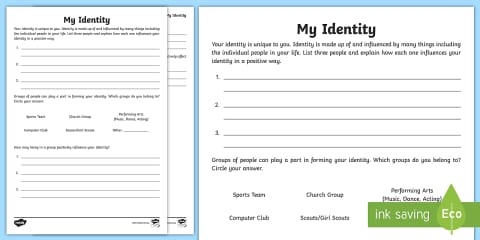 Knowing My Identity Worksheet
