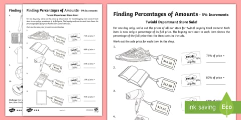 Percentages of Money Differentiated Amounts Worksheet