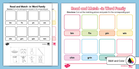 Read and Match -en Word Family Worksheet for K-1st Grade