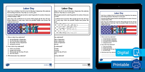 Kindergarten Labor Day Reading Passage Comprehension Worksheet