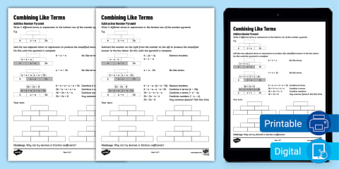 Sixth Grade Combining Like Terms Introductory Worksheet